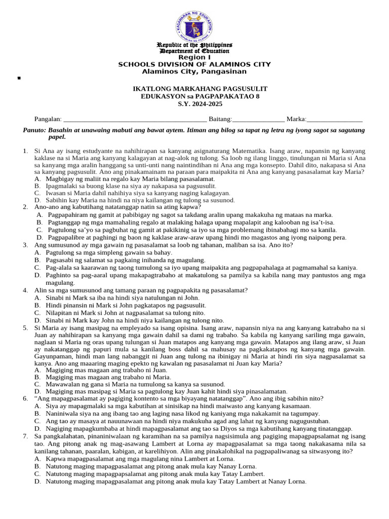 EsP 8 TQ SY 2024-2025 | PDF