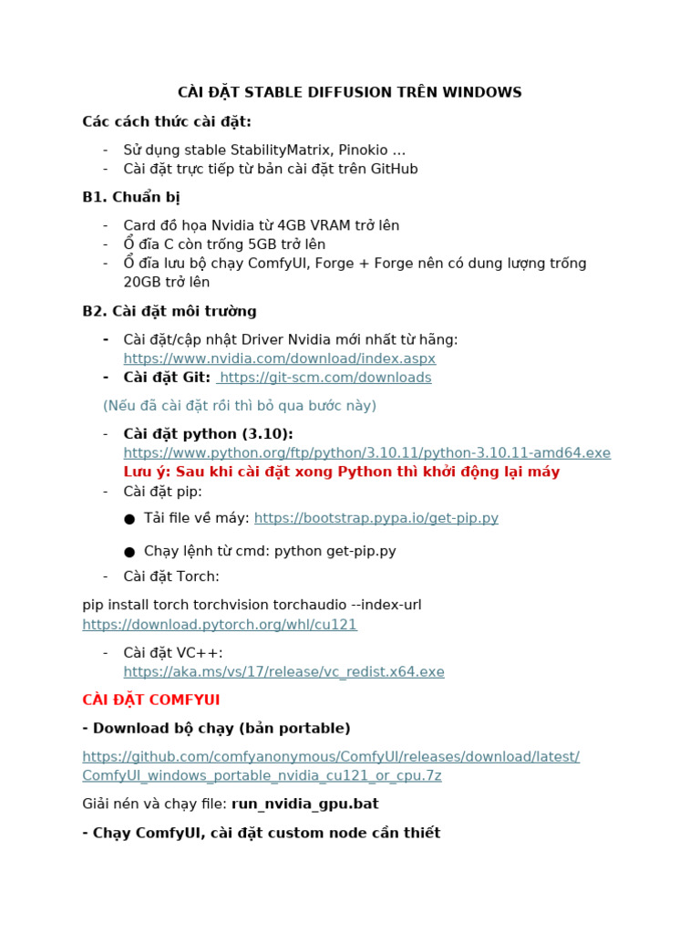 CÀI ĐẶT STABLE DIFFUSION GIAO DIỆN COMFYUI VÀ WEBUI FORGE | PDF