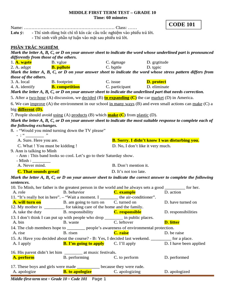 Đáp Án Anh GK1 K10 2023 101 | PDF | Sustainability | Biodiversity