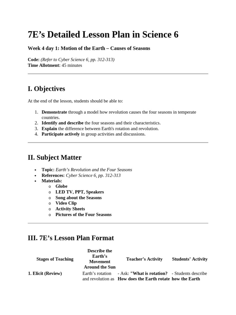 7Es lesson plan | PDF | Rotation | Earth