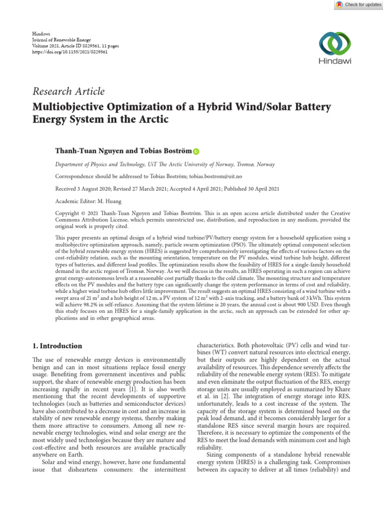 Journal of Renewable Energy - 2021 - Nguyen - Multiobjective Optimization of A Hybrid Wind Solar ...