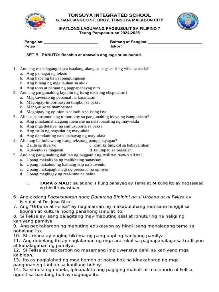 Summative 3rd Week 3rd Grading PAGSUSULIT SA FILIPINO 7 | PDF