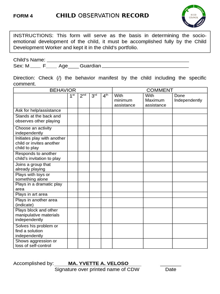 Form 4 Child Observation Record A4 | PDF | Meal | Food And Drink ...