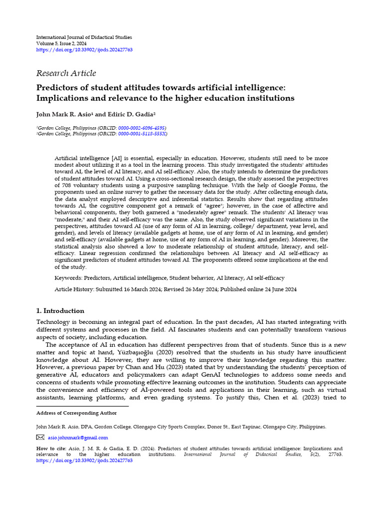Predictors of Student Attitudes Towards Artificial Intelligence Implications and Relevance To ...