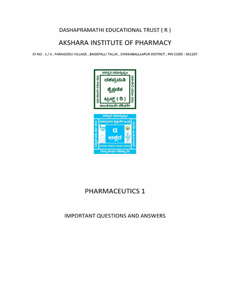 Pharmaceutics 1 Important Questions | PDF