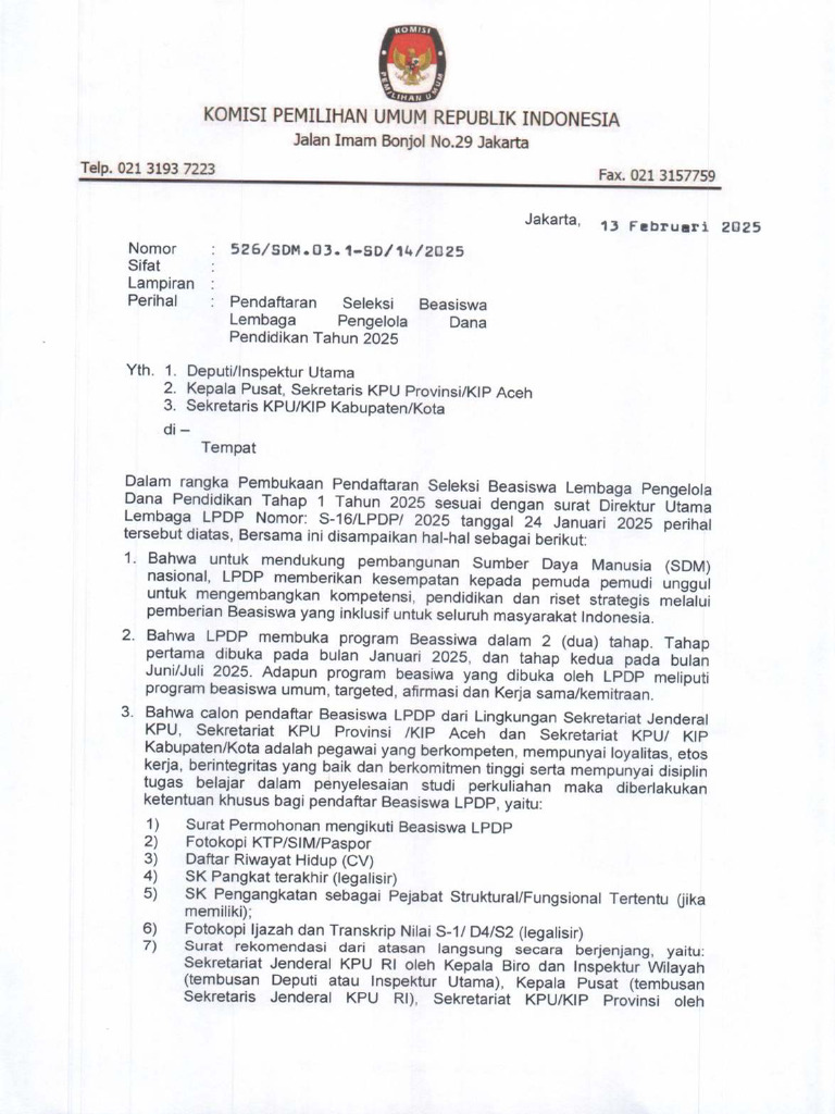 526 Surat Pendaftaran Seleksi Beasiswa LPDP Tahun 2025 | PDF