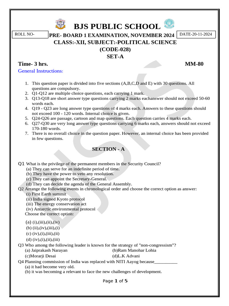 Class - XII - PREBOARD - SET - A (1) New (1) Updated | PDF