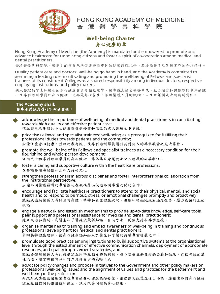 Well-Being Charter of Hong Kong Academy of Medicine | PDF | Physician ...