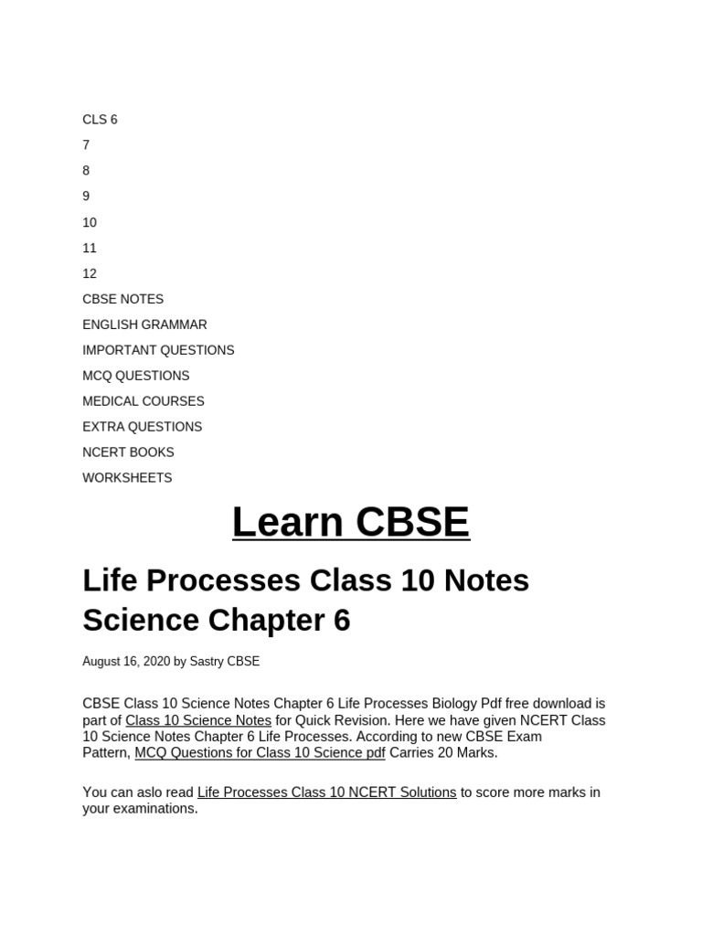 Class 10 Life Processes Notes | PDF | Cellular Respiration ...