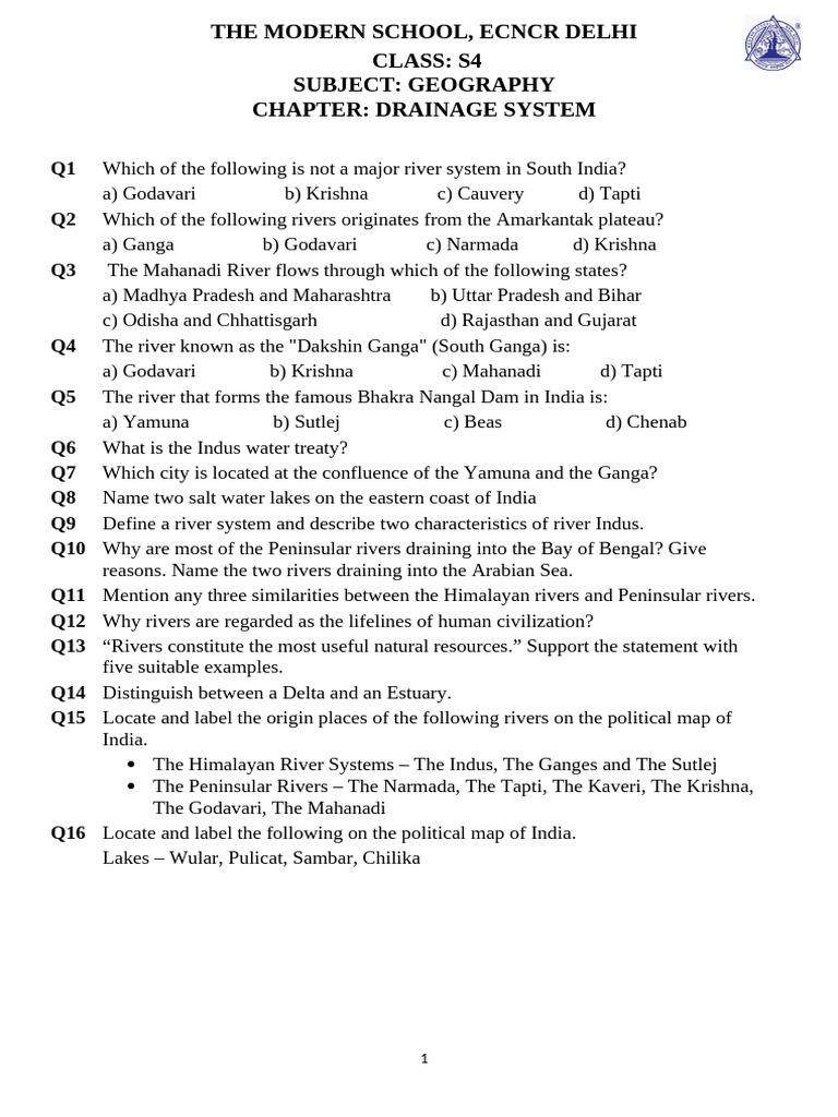 S4 SOCIAL SCIENCE Worksheet Drainage System | PDF