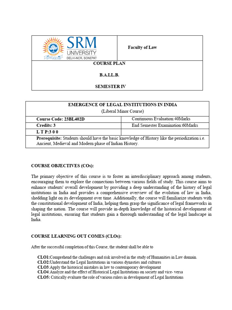 Course Plan for Sem 4 BA LLB | PDF | Evaluation | Learning