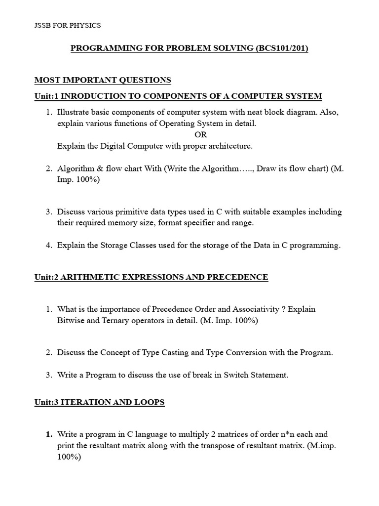 PPS IMP QUESTIONS JSSB | PDF | Computer Program | Programming