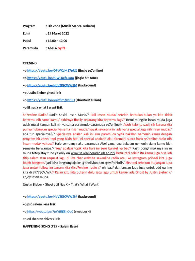 Script Hit-Zone (Abel & Syifa) - 15 Maret 2022 | PDF