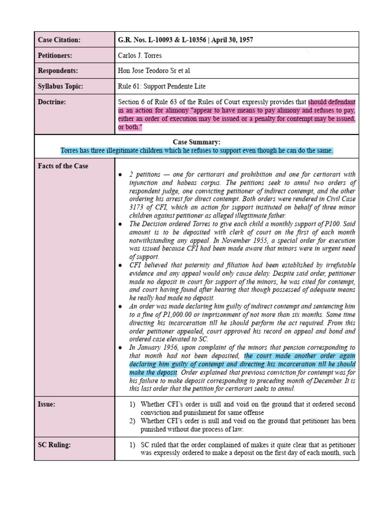 Support Pendente Lite: Torres Case Ruling | PDF | Contempt Of Court ...