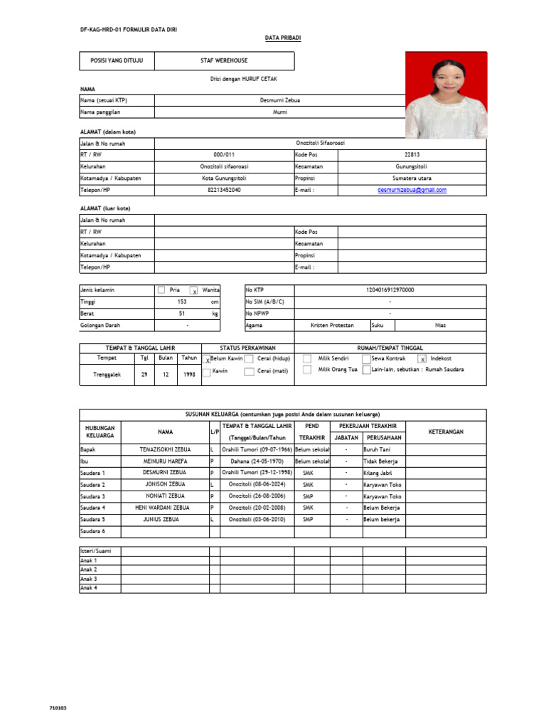 Formulir Data Diri Desmurni Zebua | PDF