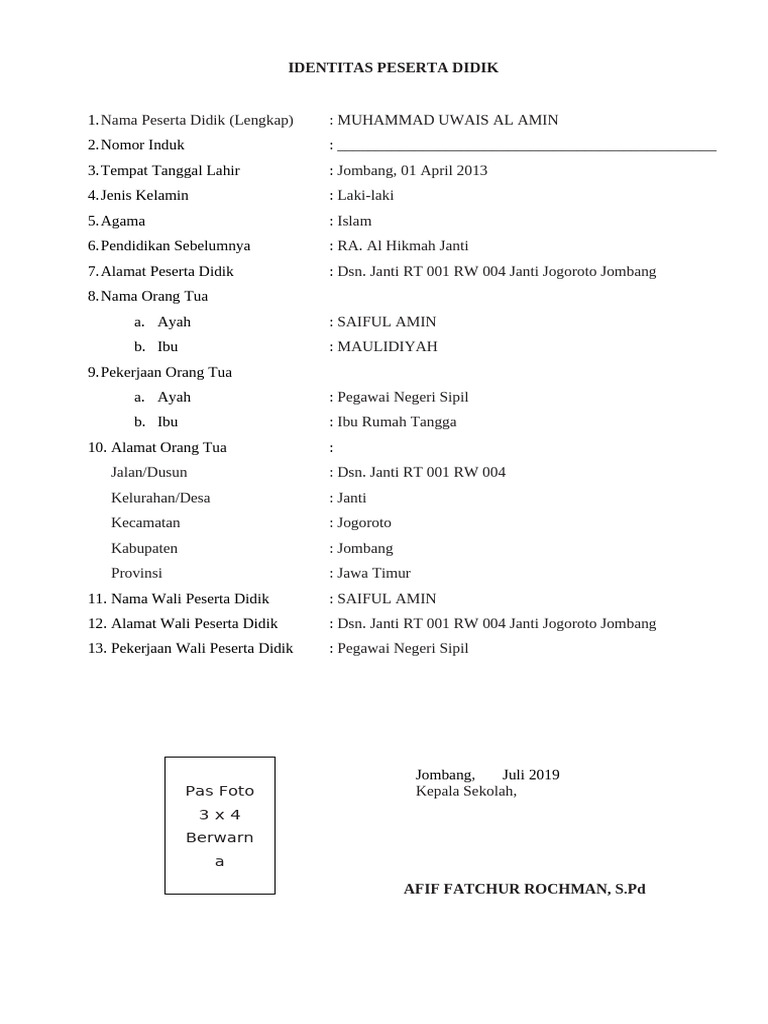 Format Identitas Rapot | PDF