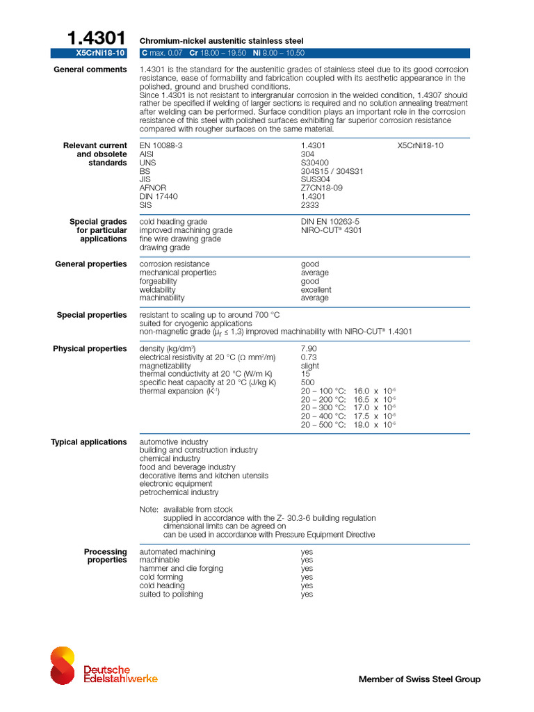 Datenblatt_4301_UK (1) | PDF | Stainless Steel | Yield (Engineering)