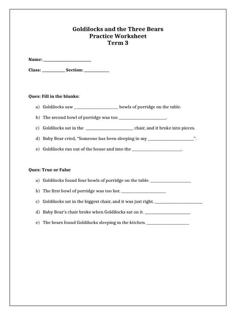 Goldilocks and the Three Bears Worksheet | PDF | Goldilocks And The ...
