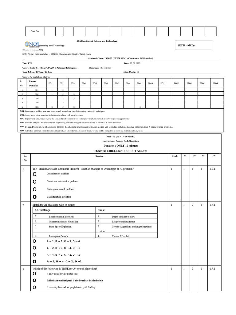 MCQs CT1 - AI - Set D - Answerkey | PDF | Computer Science | Algorithms