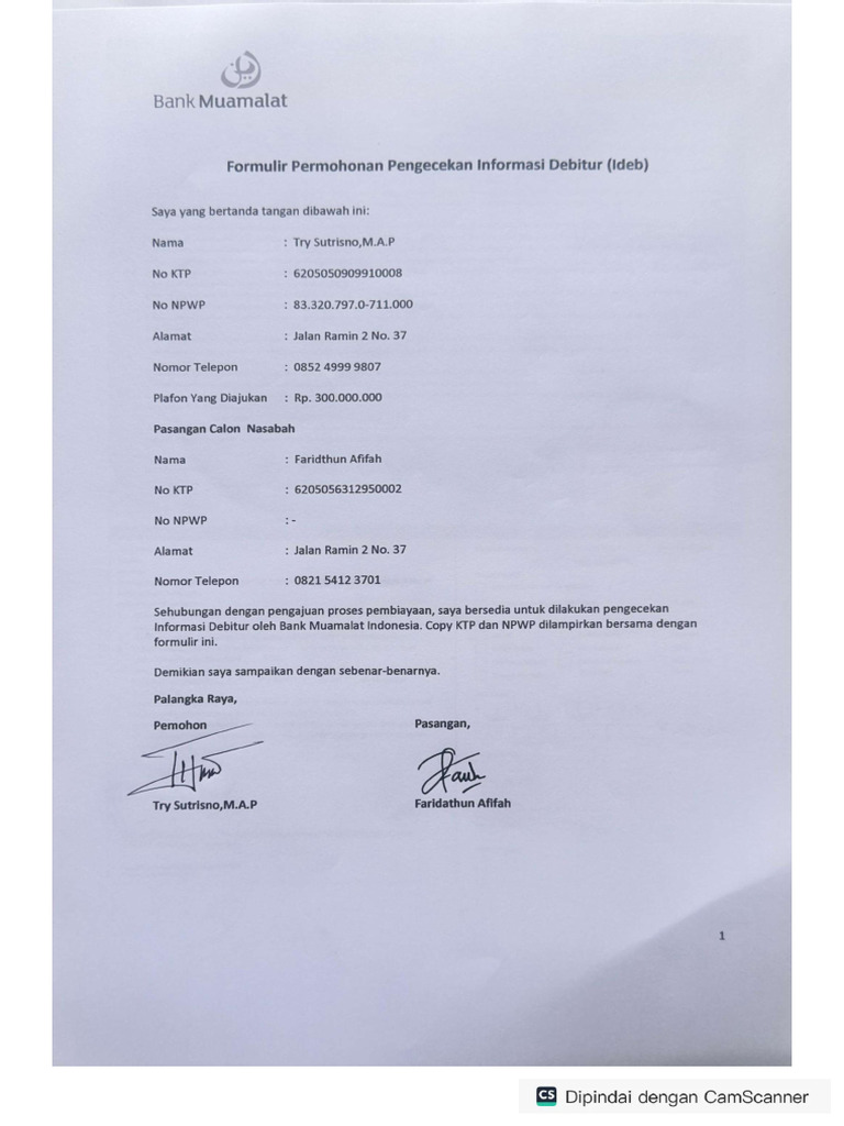 Formulir Pengecekan Informasi Debitur A.N Try Sutrisno | PDF