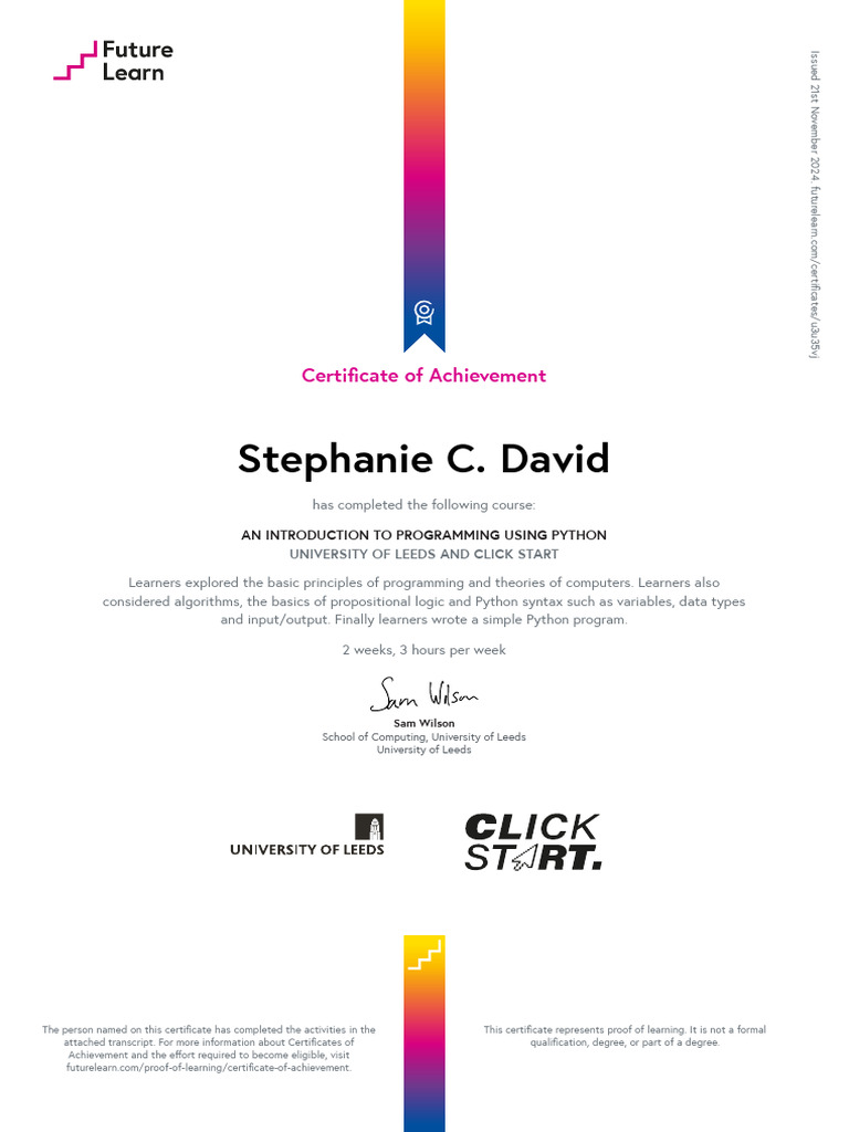 Start Coding Today An Intro To Python Programming For Beginners Certificate of Achievement ...