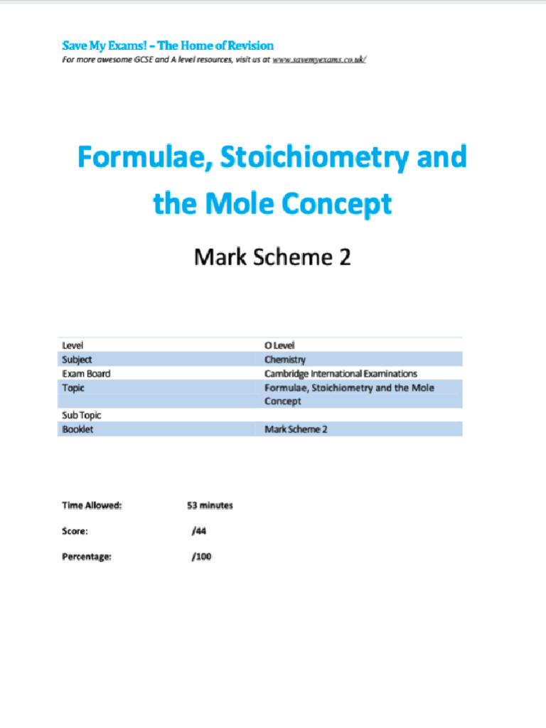 Formulae, Stoichiometry and The Mole Concept Ms 2 | PDF