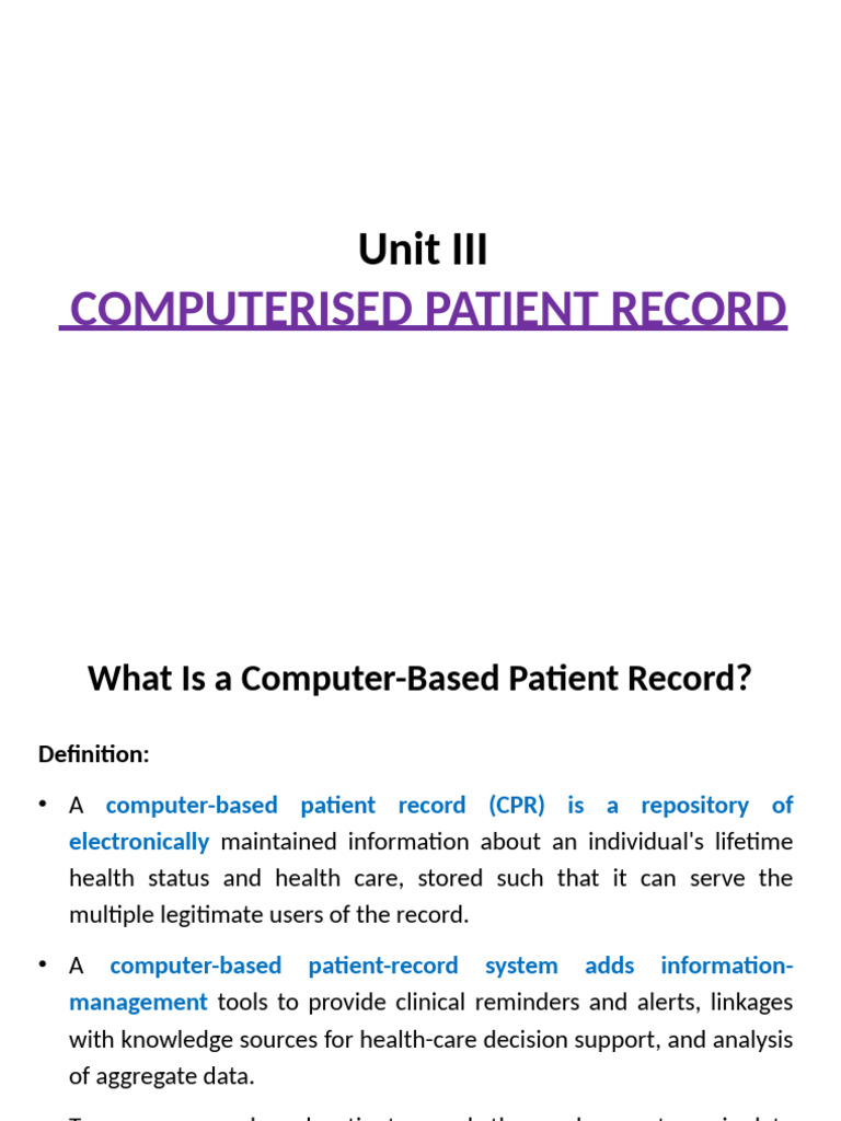 Unit - III Computerised Patient Record | PDF | Electronic Health Record ...