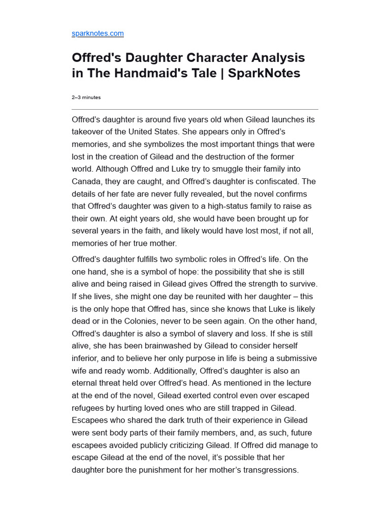 Offred's Daughter Character Analysis in The Handmaid's Tale SparkNotes ...