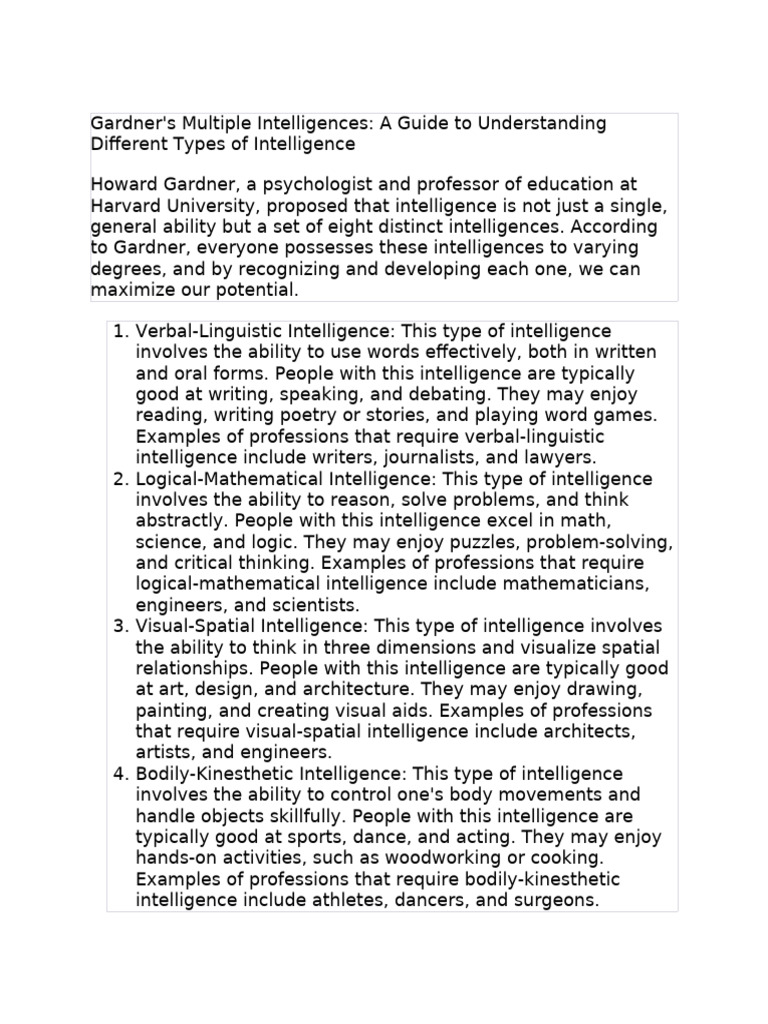 Gardner 8 Multiple Intelligences | PDF | Intelligence | Psychological ...
