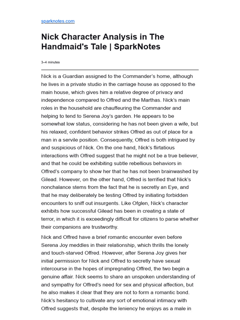 Nick Character Analysis in The Handmaid's Tale SparkNotes | PDF
