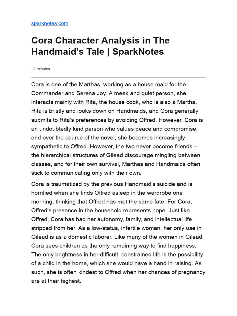 Cora Character Analysis in The Handmaid's Tale SparkNotes | PDF