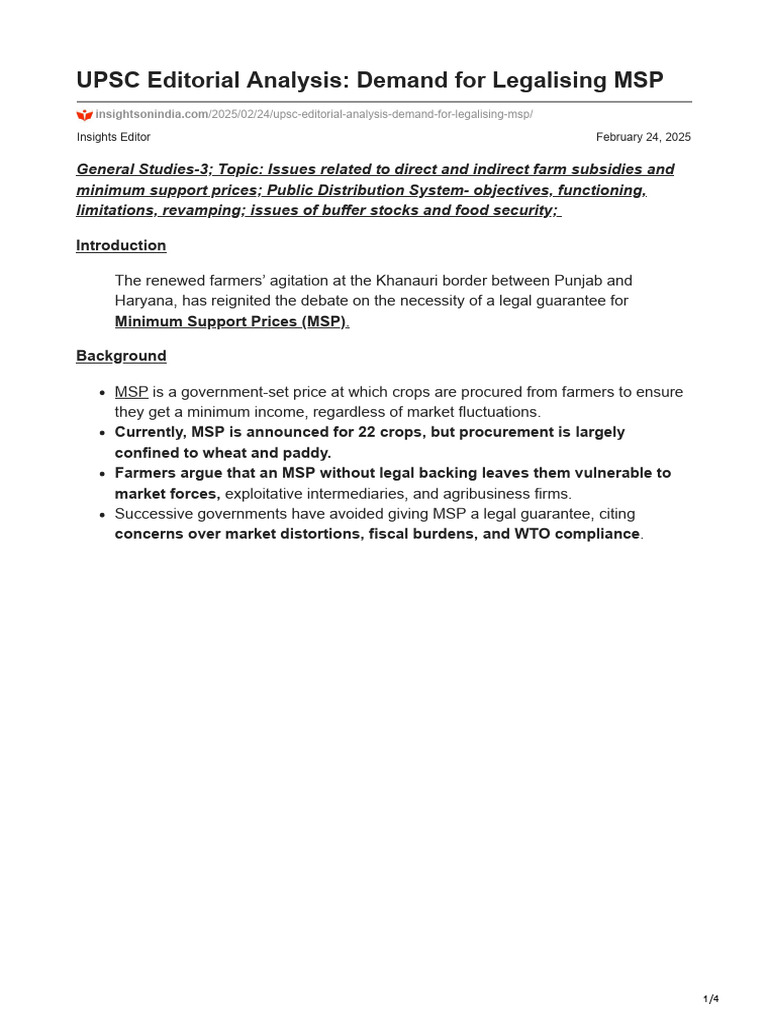 UPSC Editorial Analysis Demand For Legalising MSP | PDF | Subsidy ...