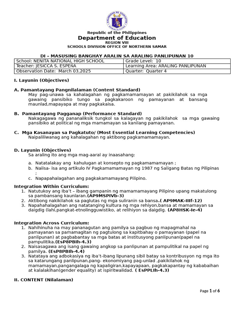 Lesson Plan in Aral. Pan | PDF