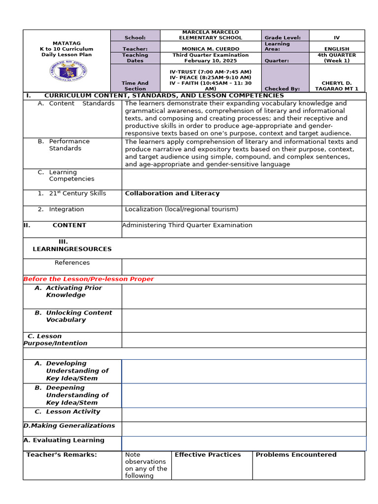 4th Quarter English Lesson Plan IV | PDF | Reading Comprehension | Learning