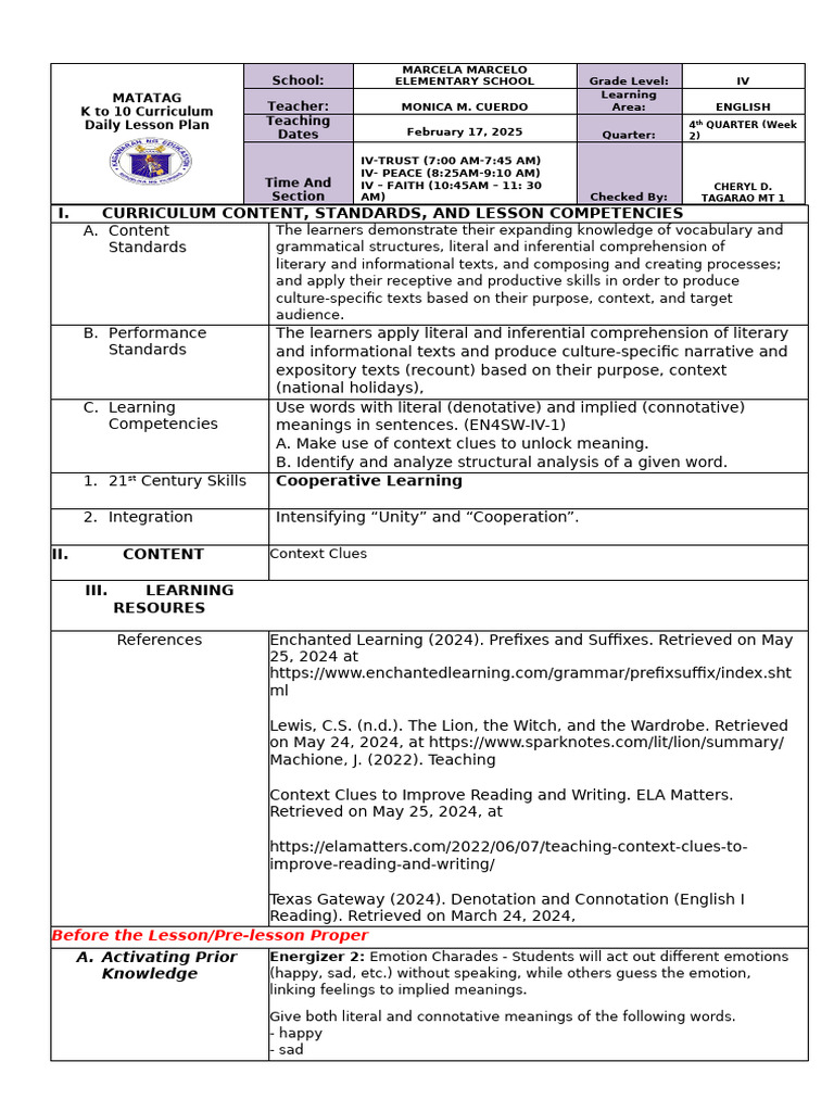 Quarter 4 English Week 2 Day 1 | PDF | Learning | Human Communication
