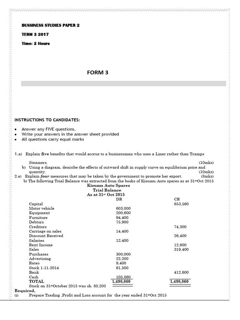 Business Studies Paper 2 Questions Form 3 Term 3 Exam 2017 | PDF ...