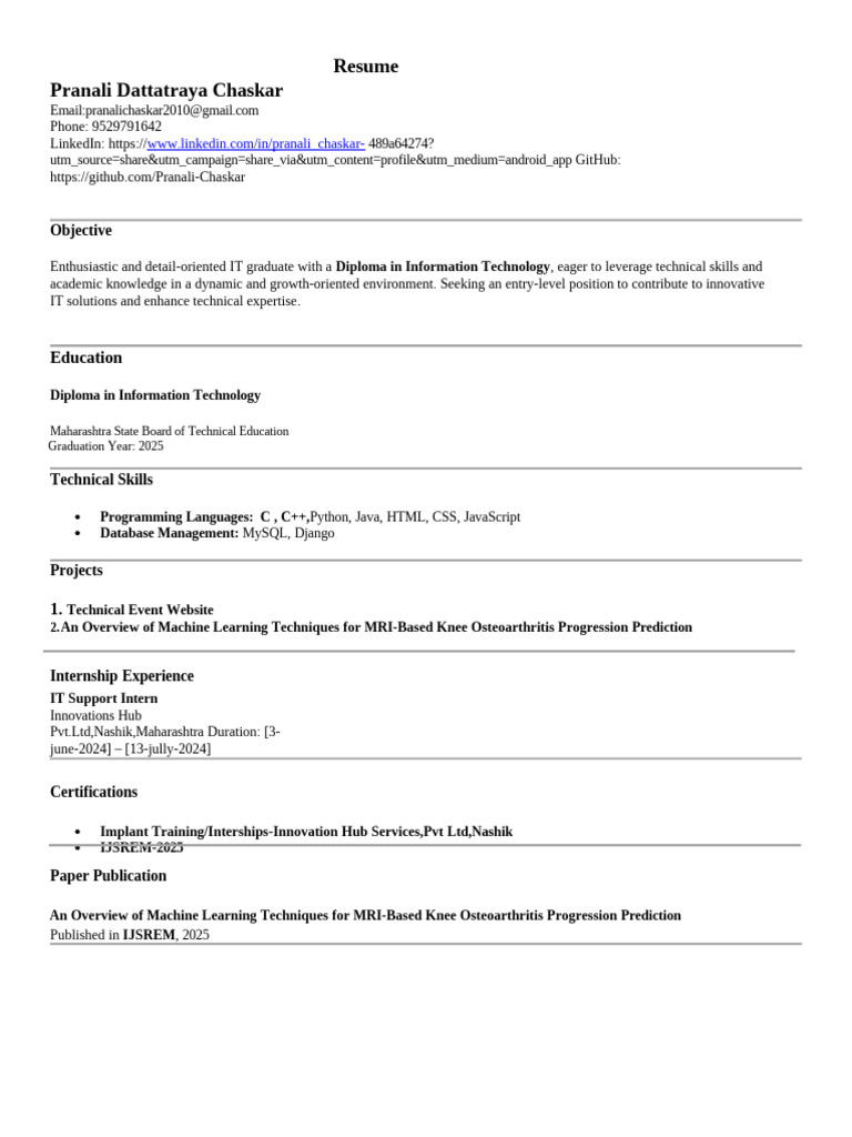 IT Graduate Resume of Pranali Chaskar | PDF
