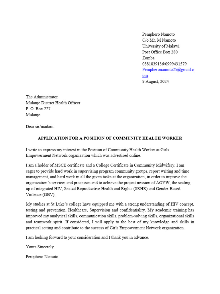 Application For Position of Community Worker | PDF | Midwife | Health Care