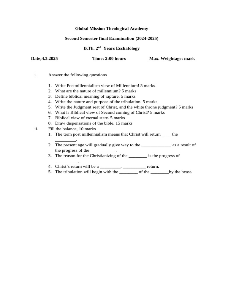 Global Mission Theological Academy Fianl Exam | PDF