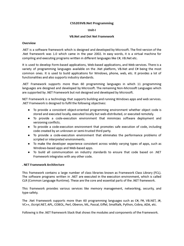 VB Dot Net Material Unit I Part1 | PDF | Pointer (Computer Programming) | Class (Computer ...