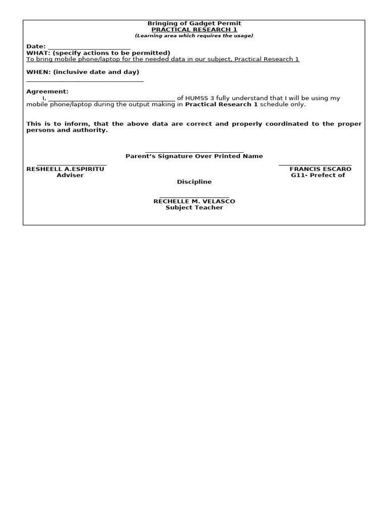 Bringing of Gadget PErmit HUMSS 3 | PDF