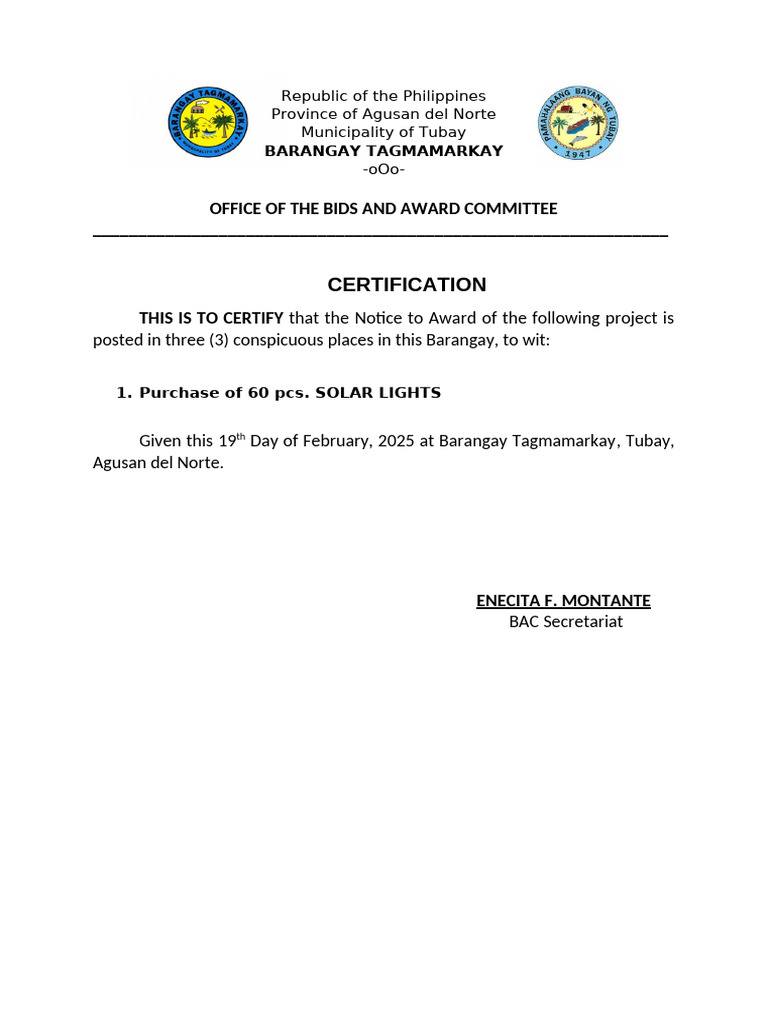Dole Certification of Notice of Award | PDF
