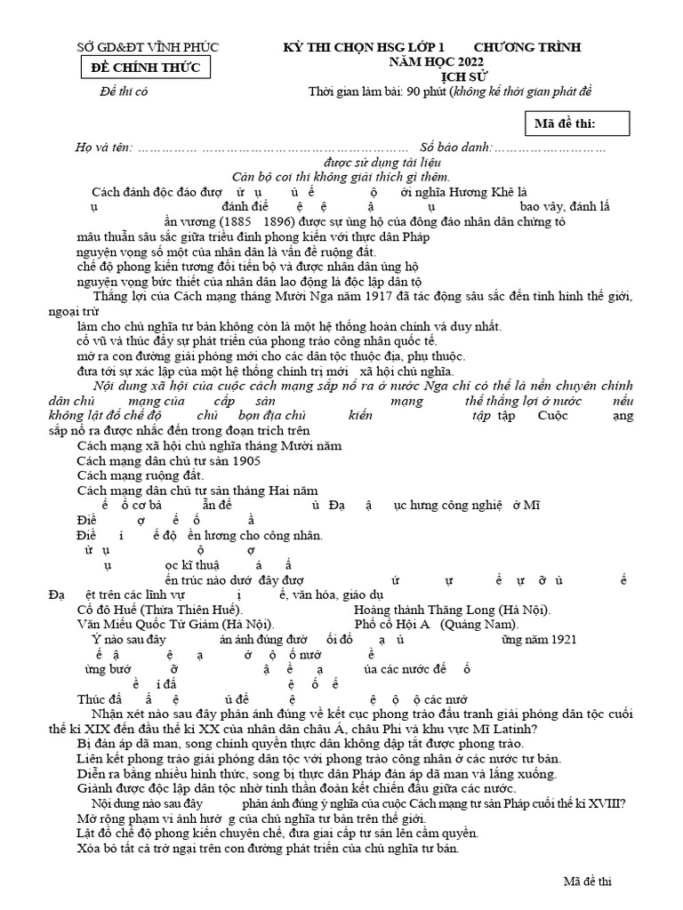 De Thi Hoc Sinh Gioi Lich Su 11 Nam 2022 2023 So GDDT Vinh Phuc | PDF