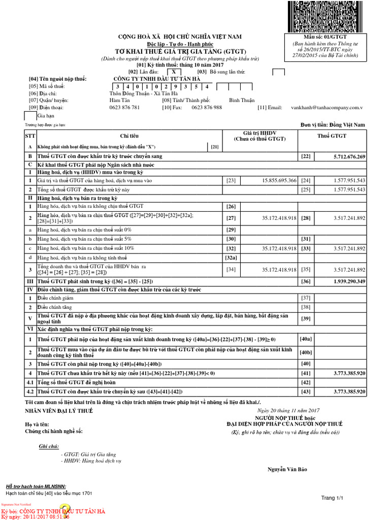 T Khai Thu Giá TR Gia T NG (GTGT) : C NG Hoà Xã H ICH NGH AVI T Nam | PDF