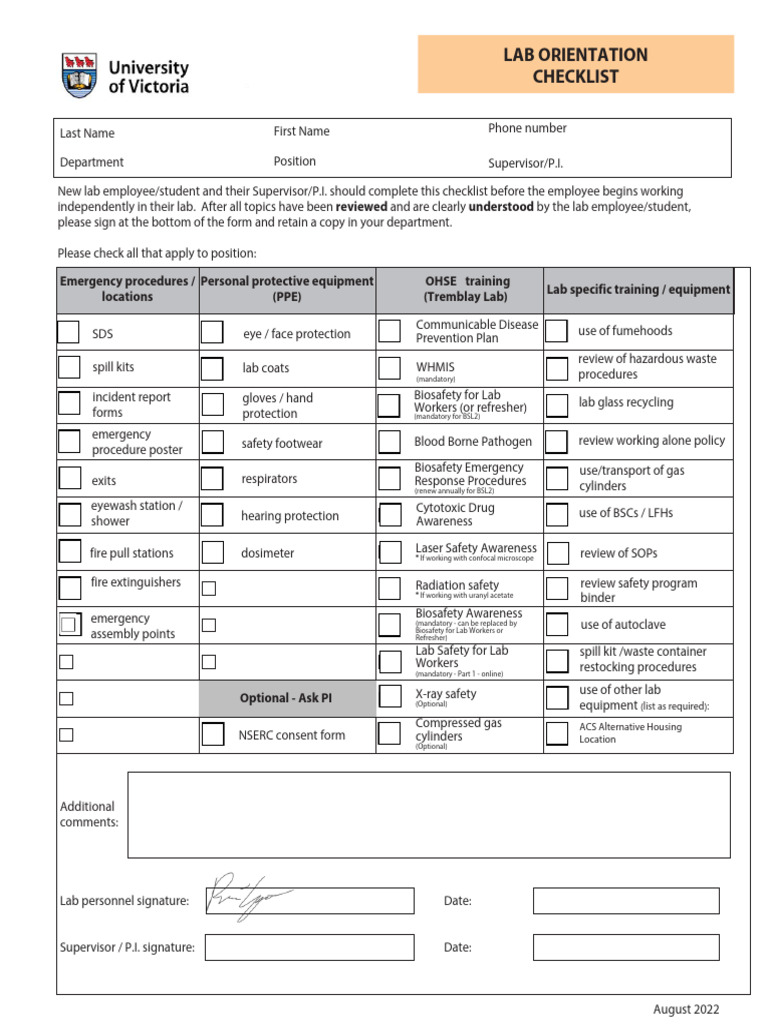 LAB Checklist - Tremblay Lab - Renee Campero | PDF | Personal ...
