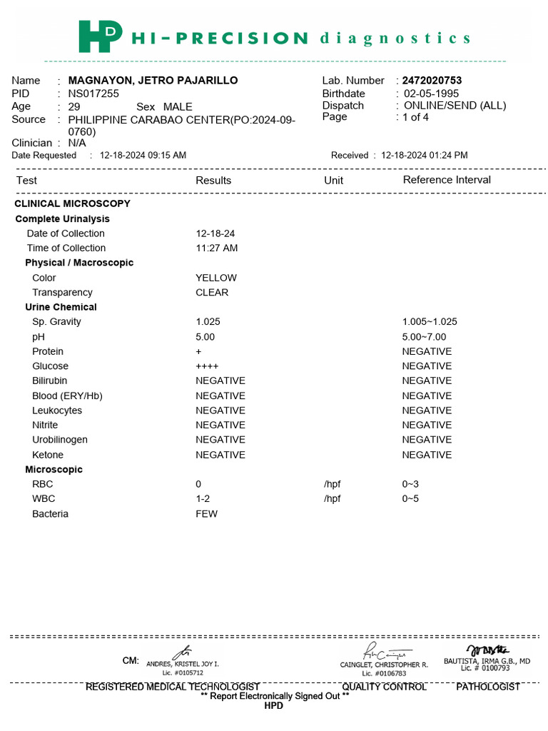 Comprehensive Lab Results for Jetro Magnayon | PDF | Medical ...