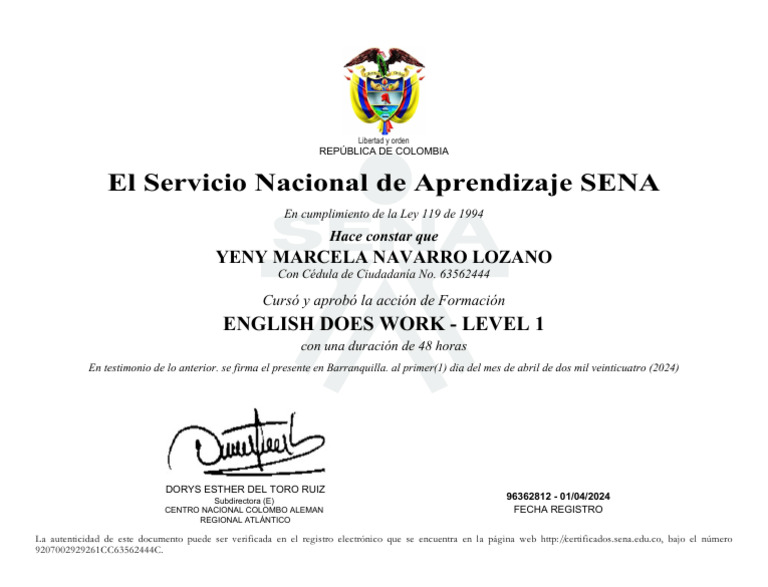 Certificado SENA: Inglés Nivel 1 | PDF