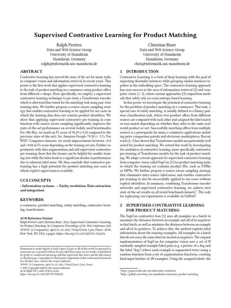 Supervised Contrastive Learning for Product Matching | PDF | Data Compression | Artificial ...