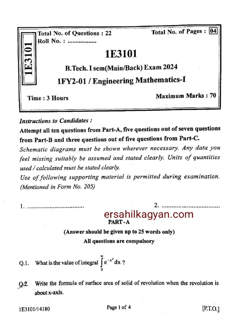 Btech 1 Sem Engineering Mathematics 1 1e3101 2024 | PDF