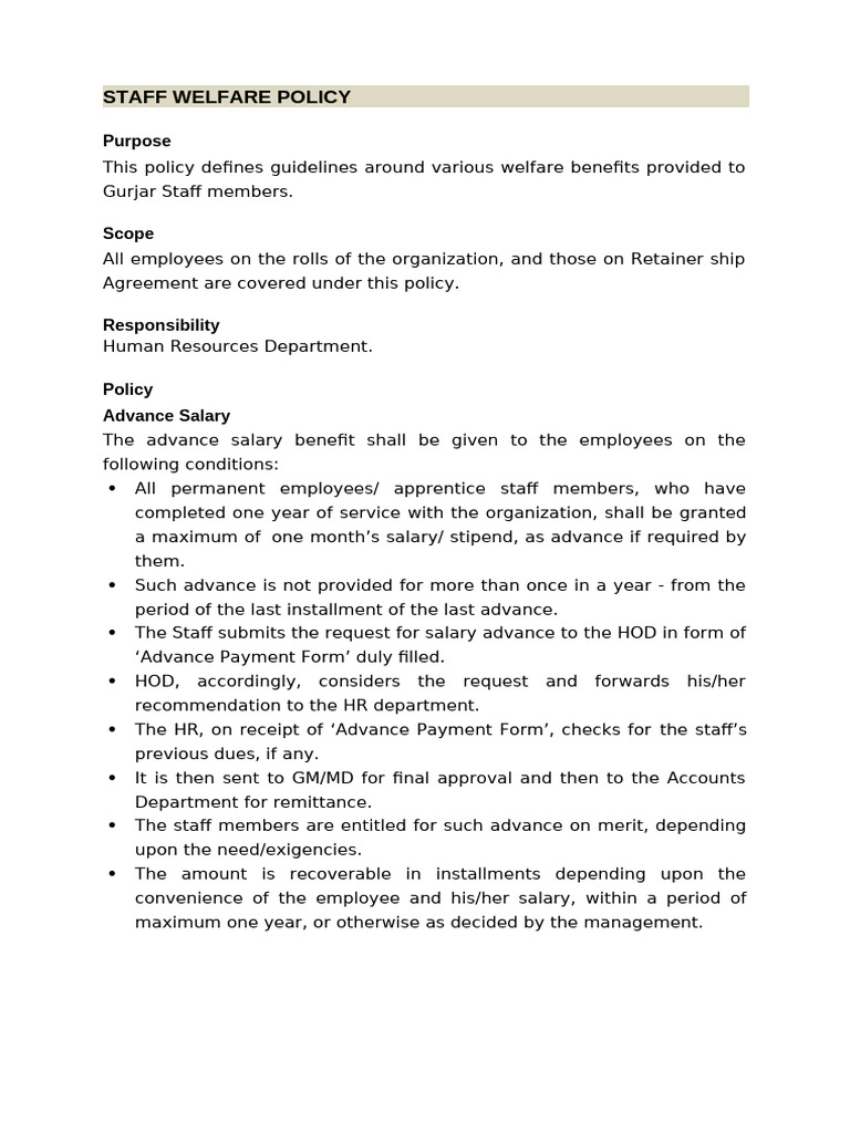 STAFF WELFARE POLICY | PDF | Employment | Occupational Safety And Health